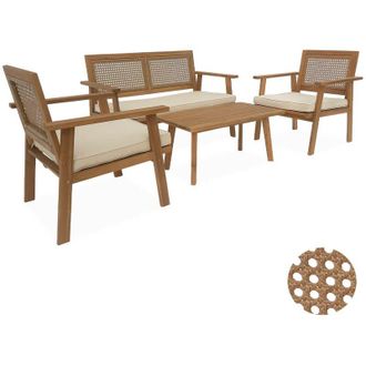 Sweeek Garten-Essgruppe aus Holz und Rohrgeflecht, 4 Sessel Natur / Beige