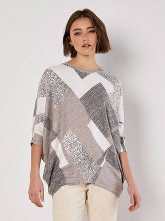 Apricot 3/4-Arm-Shirt Geometrisches Batwing-Jersey-Top mit abgerundetem Saum