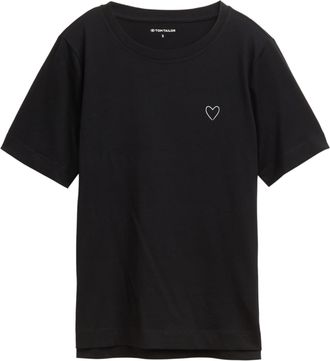 Tom Tailor Damen 1048083 Basic T-Shirt mit Herz-Print, 14482-Deep Black, XS