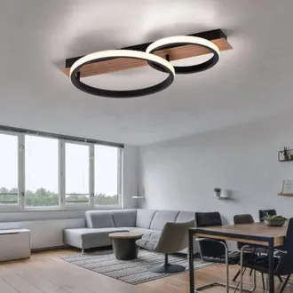 Leuchten Direkt Holz Deckenleuchte Deckenlampe Metall schwarz led Holzleuchte, Ring Design, Holzoptik modern, 1x led 28W 1200Lm 3000K, LxBxH 53x30x8 cm
