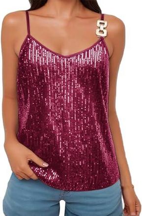 Generic D&eacute;bardeur scintillant &agrave; paillettes pour femme - Couleur unie - D&eacute;contract&eacute; - Bretelles r&eacute;glables - Tunique l&eacute;g&egrave;re pour sortir, vacances, bo&icirc;te de nuit