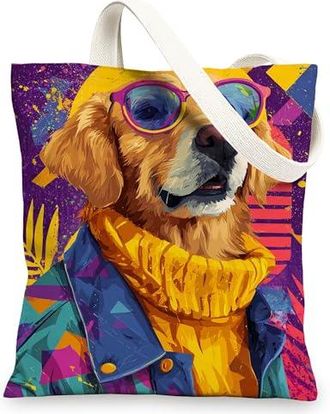 Generic Sacs fourre-tout artistiques en toile avec motif chien coloré, sacs dépicerie réutilisables, légers et lavables, sacs en toile pour salle de sport, ex