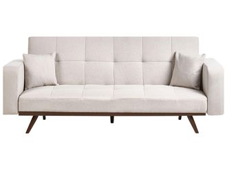 Beliani 3-Sitzer Sofa Stoff Hellbeige gepolstert gesteppt mit Schlaffunktion 2 Kissen Dunkle Metallbeine Hjulby