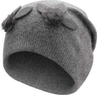 ZLYC Damen Strickm&uuml;tzen M&uuml;tze Doppellagig mit Blumenmuster Skull Cap(Zwei kleine Pom-Blumen Grau),Einheitsgr&ouml;&szlig;e