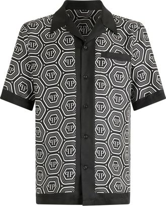 Philipp Plein Homme, Chemises, Noir, Taille: XL Chemise de bowling en soie Monogram 70s