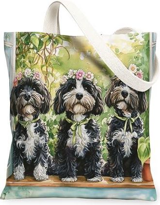 Generic Sac fourre-tout en toile motif chien portugais printanier 33 x 38,1 cm, sac r&eacute;utilisable &agrave; motif imprim&eacute; de plantes en pot pour femme, animal de compa