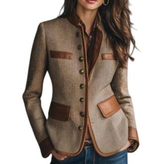 Generic Blazer court vintage en tweed avec poche en cuir &eacute;cologique et col montant, manches longues, boutonn&eacute;, pour femme, marron, XXL