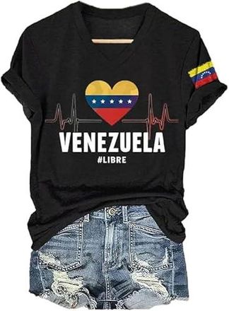 Generic T-shirt r&eacute;tro &agrave; col en V avec imprim&eacute; Venezuela Libre, Noir, XL
