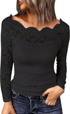 Minetom Damen Top Spitzen Schulterfrei Bluse Elegant Oberteile Basic Langarm T Shirt Lace Langarmshirt Slim Fit Pullover Spitzentop A Schwarz XXL