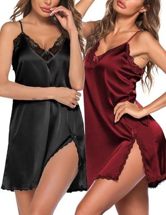 Ekouaer Nuisette Femme Satin Chemise de Nuit Deux Pi&egrave;ces Sexy Ete Bretelles R&eacute;glable Col en V Ans Manches V&ecirc;tement de Nuit, Noir + Rouge vin, XXL