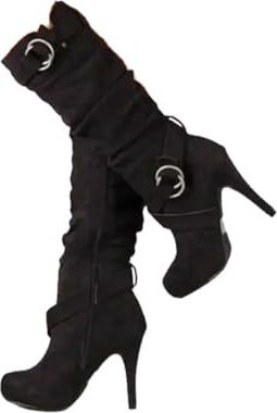 Generic JJDFW Bottes sexy au genou pour femme Talon fin Bout rond Plateforme Mode Dames Pu Cuir Bottes Taille Lady Chaussures, Noir, 34 1/3 EU