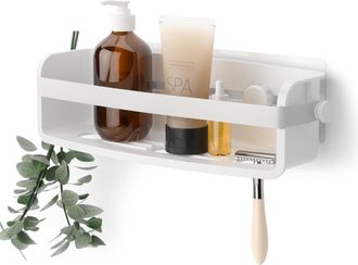 Umbra Flex Duschablage zum Kleben, Rostfreies Duschregal für Shampoo, Conditioner, Duschgel, Seife, Luffaschwamm, ohne Bohren, Rostfrei, Weiss, Weiß