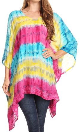 Sakkas 1745 - Adalwin W&uuml;ste Sun Leichtgewicht Ponch Tunika Top Bluse W/Stickerei - T&uuml;rkis/Gelb - OS