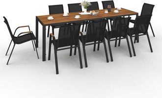 IDMarket Idmarket - Salon de jardin noumea table 240 cm plateau verre tremp&eacute; effet bois et 10 chaises empilables noir et bois