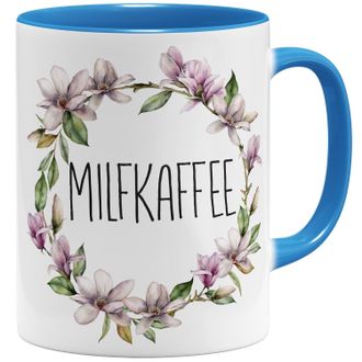 OM3 witzige Milfkaffee Milf Kaffee-Tasse mit Spruch - blumig Bl&uuml;mchen - Keramik Becher - 325ml - Beidseitig Bedruckt - Hellblau