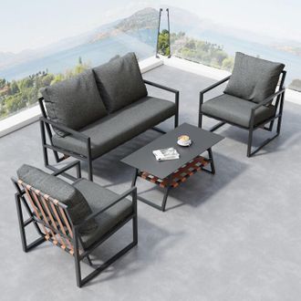 STILVORA Salon de Jardin avec 1 Canap&eacute;, 2 Fauteuils, 1 Table Basse et Coussins, pour 4 personnes, PVC et Verre Tremp&eacute;, Noir