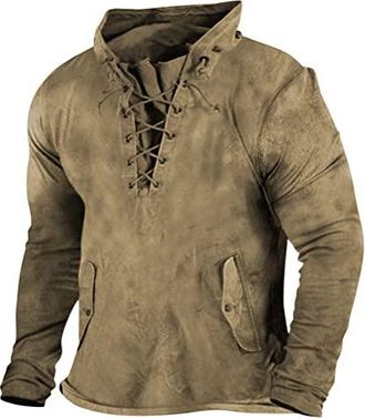 Onsoyours T-Shirts pour Hommes col Henley à Manches Longues avec Oeil de Poulet à Lacets Chemise Vintage en Détresse T-Shirt Tactique Hauts avec Capuche A Kaki 