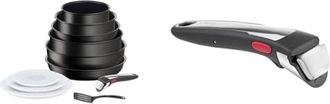 T-fal Ingenio Batterie de cuisine 11 p, Casseroles, Poêles, Wok, Poignée amovible, Induction & Ingenio Poignée amovible Premium noire, Empilable, Verrouilla