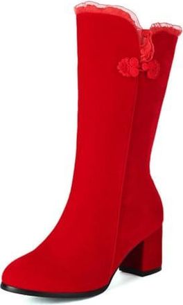 Generic Rouge,39 EU,Bottes Hautes en Daim pour Femmes, Bout Rond, Talons Bas épais, Bottes Hautes, Fermeture éclair latérale, Bottes Longues, Chaussures habil