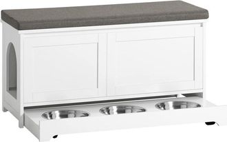 SoBuy Banc de Rangement avec 2 Portes et 3 Bols Intégrés, Maison en Bois mdf pour Chat avec Accès Latéral, Meuble à Chaussures avec Coussin Rembourré