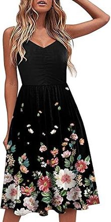 Generic Robes amincissantes pour femmes, robe d&eacute;t&eacute; sans manches, d&eacute;contract&eacute;e, col en V, robe d&eacute;t&eacute;, robe de soir&eacute;e mince, longue, tendance, Noir, S