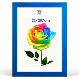 MG Design Bilderrahmen A4 21 x 29,7 cm - Fotorahmen mit Blau Holzrahmen (Echtholz) und bruchsicherem Acrylglas, Hoch & Quer zum Aufh&auml;ngen, zum Aufstellen