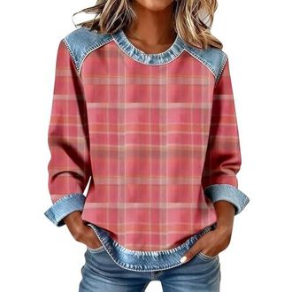 Generic Sweat-shirt &agrave; carreaux en denim patchwork surdimensionn&eacute; &agrave; col rond avec coutures en jean pour femme - Haut &agrave; manches longues - Motif &eacute;cossais r&eacute;tro Y