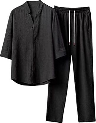 Onsoyours Ensemble de Survêtement Homme Été 2 Pièces T-Shirt Manches Courtes Pantalon à Taille Élastique Coton Lin Chemise Pantalons Décontracté Sportswear Resp