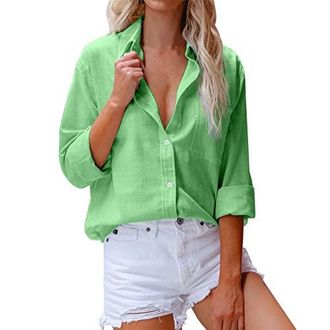 Generic Hauts en lin pour femmes tendance Lmitation Coton Lin Chemisier pour femme Col en V D&eacute;contract&eacute; Coupe ample Manches longues T-shirt V&ecirc;tements, Vert, X