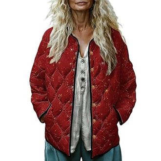 Generic Veste matelassée de Noël pour femme avec motif graphique rétro, manches longues, col montant boutonné, léger et rembourré pour lhiver, Rouge, XL