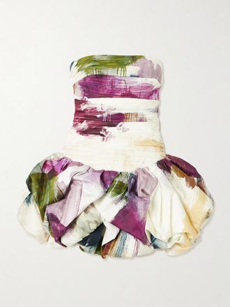 Aje Violette Tr&auml;gerloses Minikleid Aus Baumwolle Mit Blumenprint Und Raffungen - Mehrfarbig