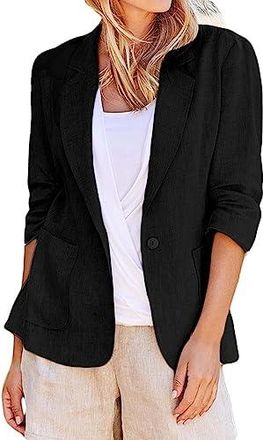 Generic Blazers Veste pour femme en lin avec revers élégant Blazer court décontracté décontracté à manches longues ouvert sur le devant Costume uni, Noir, 3XL