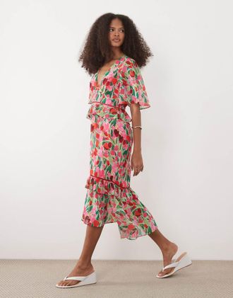 Hope & Ivy Robe mi-longue avec taille &agrave; basque - Vert &agrave; imprim&eacute; p&eacute;tale-Rose