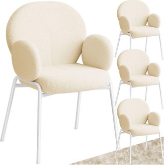 TecTake 4er Set Esszimmer Stuhl mit Armlehne, modernes Küchenmöbel mit Bouclé Teddystoff Bezug, Esszimmerstühle Wohnzimmer Sessel, Dining Chair, Küchenstühle 