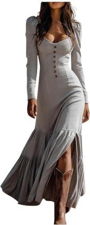 Generic Robe de cowgirl occidentale pour femme, manches longues, col en V, boutons, robe maxi vintage, fente lat&eacute;rale, style boh&egrave;me, robe trap&egrave;ze fluide, gris