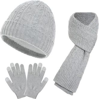 Generic Lot de 3 gants tricotés pour lhiver avec bonnet, écharpe, gants, gris, Taille unique