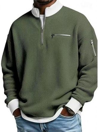 Generic Sweat d&eacute;contract&eacute; &agrave; fermeture &eacute;clair contrast&eacute;e pour homme, col montant, demi-fermeture &eacute;clair, pull gaufr&eacute; ample, vert fonc&eacute;, 3XL