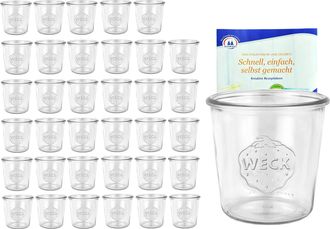 MamboCat 36er Set Weck Gläser 580ml 1/2 Liter Sturzgläser inkl. Gelierzauber Rezeptheft von Diamantzucker I Original Weck Sturzglas ohne Deckel Dessertglas I E