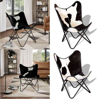 vidaXL Butterfly-Sessel Schwarz und Wei&szlig; Echtes Kuhfell - Butterfly Sessel - Vintage Sessel - Ledersessel - Designerstuhl - Lounge Sessel - Home & Living