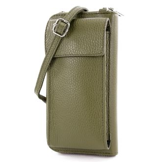 modamoda.de P06 Damen Leder Umh&auml;ngetasche Geldb&ouml;rse Handytasche 6,5 Zoll handmade in Italy, Farbe:Olivgr&uuml;n