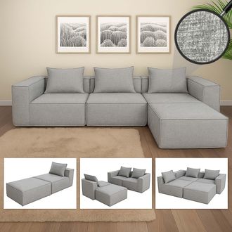 Mendler L-Sofa HWC-O54, Lounge-Couch mit Ottomane, erweiterbar modular rechts/Links, Stoff/Textil 63x270x190cm - hellgrau