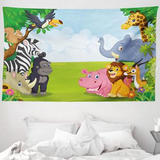 Abakuhaus Tier Wandteppich, Design Room Safari Themed Cartoon Tiere Bild Kunstdruck, aus Weiches Mikrofaser Stoff Wand Dekoration Für Schlafzimmer, 230 x 140 cm