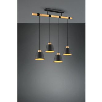 Trio Pendelleuchte HARRIS 4-flammig Schwarz Gold mit Holzbalken, Breite 87cm