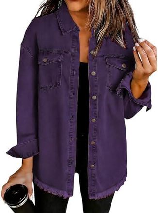 Generic Veste d&eacute;contract&eacute;e en jean &agrave; manches longues pour femme avec ourlet effiloch&eacute;, violet fonc&eacute;, XXL