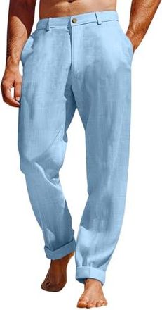 Generic Pantalon dété léger en lin pour homme, pantalon de plage décontracté à taille élastique avec cordon de serrage, pantalon de plage en lin avec poches, 