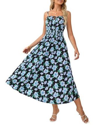 Grace Karin D&eacute;guisement floral boh&egrave;me d&eacute;contract&eacute; sans manches avec bretelles spaghetti et poches pour femme, Noir/bleu floral, XXL