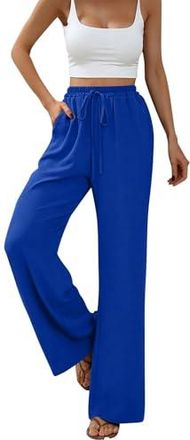 Generic Pantalon en lin pour femme - Long - D&eacute;contract&eacute; - A&eacute;r&eacute; - Jambes larges - Pantalon en lin - Taille haute - Avec cordon de serrage - Couleur unie - Avec
