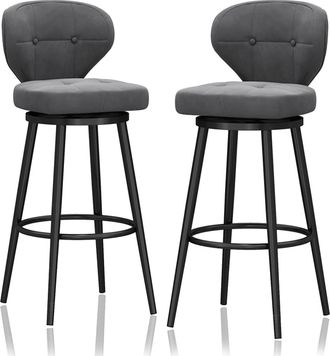 Generic Modernes 2Er-Set Drehbare Barhocker Aus Samt mit R&uuml;ckenlehne, Grau Gepolsterten Sitzen Und Schwarzen Metallbeinen, 65 cm Hoch, Ideal f&uuml;r K&uuml;cheninseln