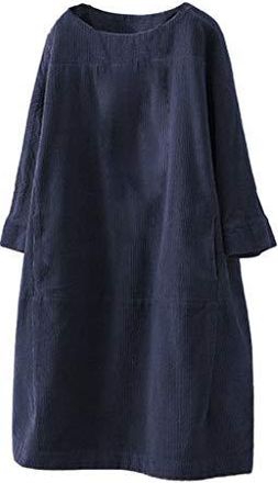 Generic Robes d&eacute;t&eacute; pour femmes 2025 Femmes Poches Velours c&ocirc;tel&eacute; Couleur unie Manches longues Ample D&eacute;contract&eacute;e Robe midi Robes pour femmes, a-bleu, XXL