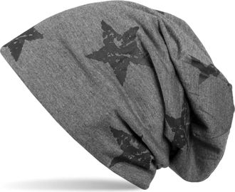 styleBREAKER Unisex Stoff Beanie M&uuml;tze mit Sterne Print im Destroyed Vintage Look, Longbeanie 04024041, Farbe:Dunkelgrau